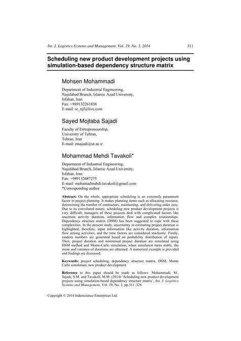 Pdf Scheduling New Product Development Projects Using Simulation Based Dependency Structure Matrix