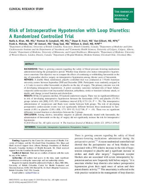 Pdf Risk Of Intraoperative Hypotension With Loop Diuretics A Randomized Controlled Trial