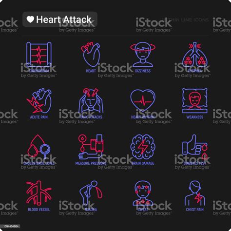 심장 마비 증상 얇은 라인 아이콘 세트 현기증 호흡 곤란 제품은 공황 발작 약점 급성 통증 콜레스테롤 수준 구역 질 당뇨병 현대 벡터 일러스트입니다 숨이 참에 대한 스톡
