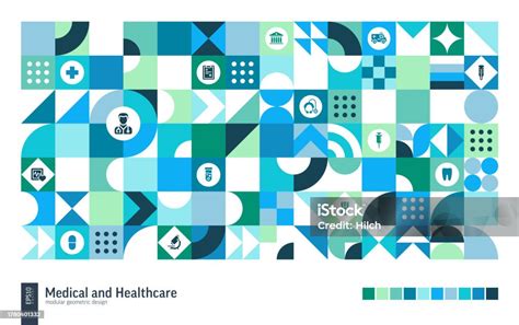 헬스케어 기하학적 복고풍 패턴입니다 색깔 의료 추상 모양 배경 벡터 아트 건강 포스터 클리닉 배너 표지 의사 아이콘 건강관리와