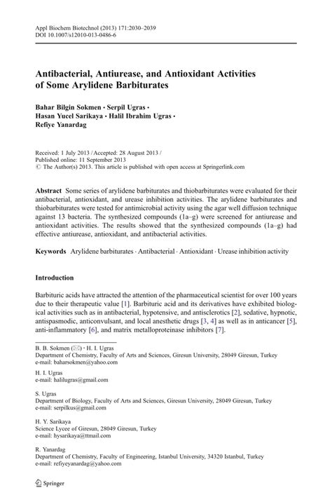 Pdf Antibacterial Antiurease And Antioxidant Activities Of Some