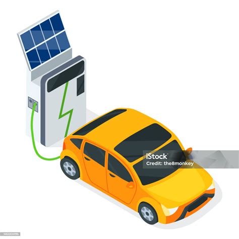 아이소메트릭 전기 에코 운송 전기 자동차 태양 전지판이 있는 차량 충전소 평면 벡터 그림 전기로 구동 가리키기에 대한 스톡 벡터 아트 및 기타 이미지 Istock