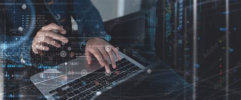 data processing digital technology internet network concept computer programmer working on