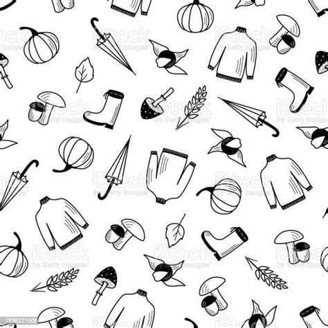 아이템의 가을 세트의 원활한 패턴 벡터 벽지 낙서 스타일 가을 분위기 10월에 대한 스톡 벡터 아트 및 기타 이미지 10월