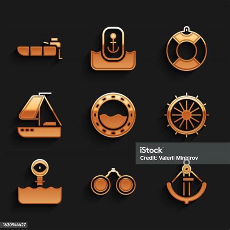 선박 현창 쌍안경 닻 스티어링 휠 잠망경 요트 범선 구명 부표 및 모터 아이콘으로 풍선을 설정하십시오 벡터 감시에 대한 스톡 벡터 아트 및 기타 이미지 Istock