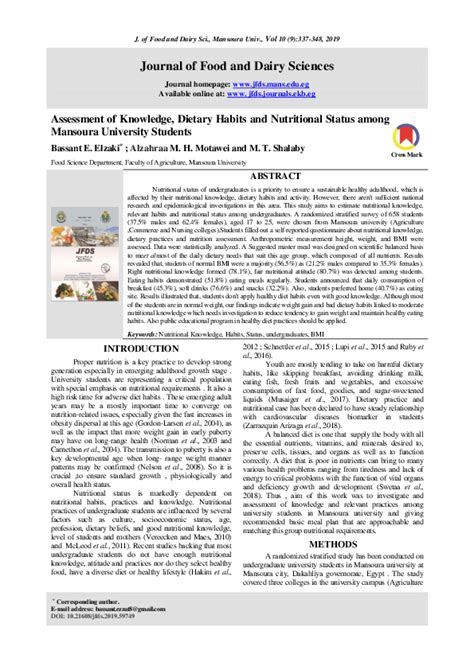Pdf Assessment Of Knowledge Dietary Habits And Nutritional Status Among Mansoura University