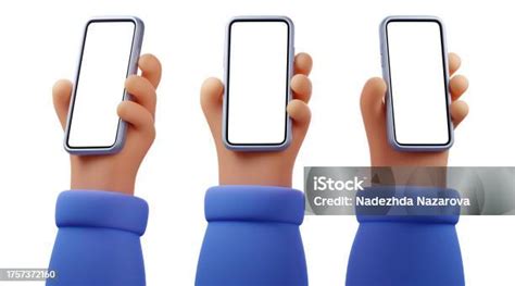흰색 배경에 고립된 빈 화면이 있는 스마트폰을 들고 있는 3d 손의 집합입니다 모바일 애플리케이션 또는 웹사이트용 모형 3d 렌더링 일러스트레이션 3차원 형태에 대한 스톡