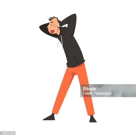 무서워하고 겁에 질린 남자는 그의 머리를 걸고 감정적 인 무서운 사람 캐릭터 는 뭔가 벡터 일러스트를 두려워 개념에 대한 스톡 벡터 아트 및 기타 이미지 Istock