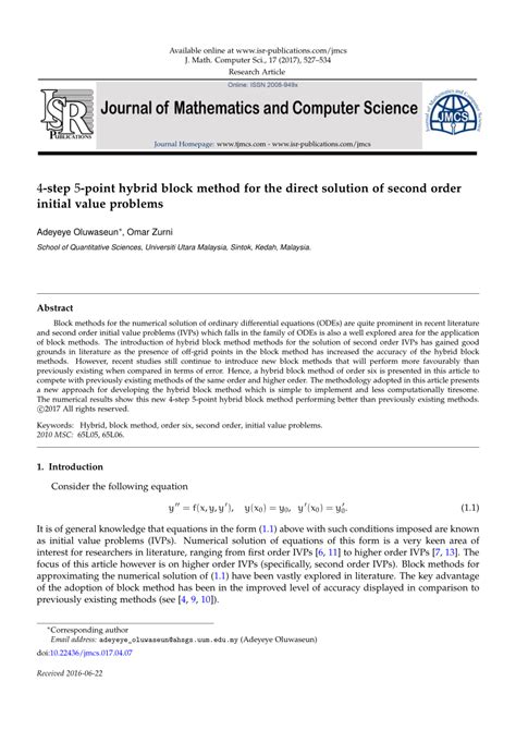 Pdf 4 Step 5 Point Hybrid Block Method For The Direct Solution Of