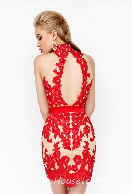 High Neck Keyhole Open Back Short Mini Red Lace Cocktail Prom Dress