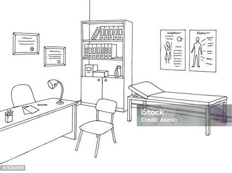 의사 사무실 그래픽 블랙 화이트 인테리어 스케치 그림 벡터 스케치에 대한 스톡 벡터 아트 및 기타 이미지 스케치 병원 사무실 Istock