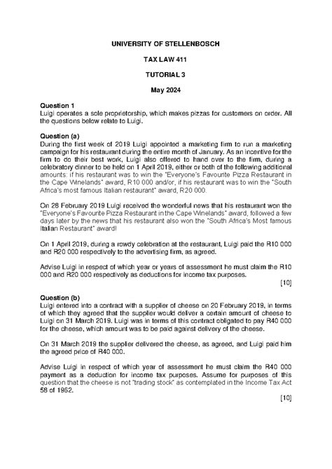 Tut 3 Questions Tut Question University Of Stellenbosch Tax Law 411 Tutorial 3 May 2024