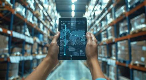 Warehouse Worker Using Tablet With Data Visualization In Modern
