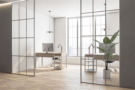 책상 컴퓨터 식물이 있는 현대적인 사무실 인테리어 도시 풍경을 배경으로 한 미니멀리즘 스타일 작업 공간 개념 3d 렌더링 0명에 대한 스톡 사진 및 기타 이미지 Istock