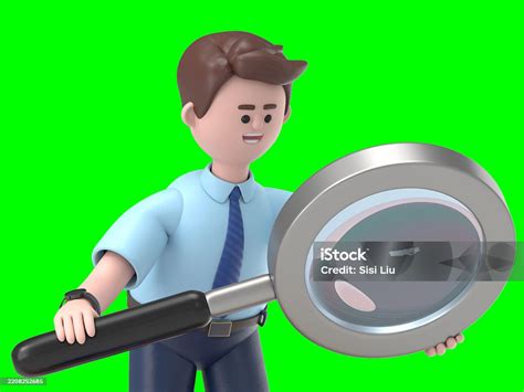 웃는 아시아 남자 펠릭스의 3d 일러스트레이션 파일을 검사합니다 그린 스크린 Mockup3d 푸티지 및 클리핑 패스를 그린 스크린에서 렌더링합니다 3차원 형태에 대한 스톡