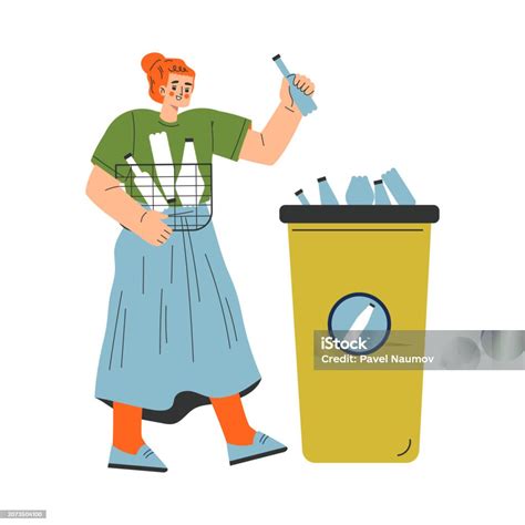 환경 친화적인 생활양식 와 여자 특성 종류 쓰레기 치고는 재활용 에서 쓰레기통 벡터 일러스트 0에 대한 스톡 벡터 아트 및 기타