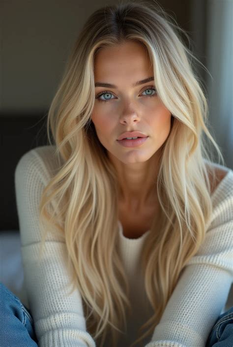 A Close Up Of A Woman Wearing A Sweater And Jeans Beautiful Blonde