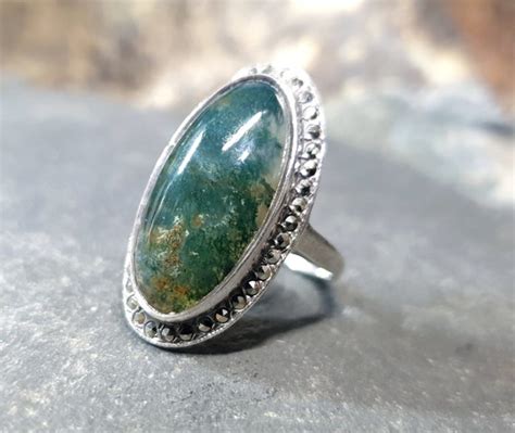 Vintage Silver Moss Agate Ring Dendritic Stone Uk S… Gem