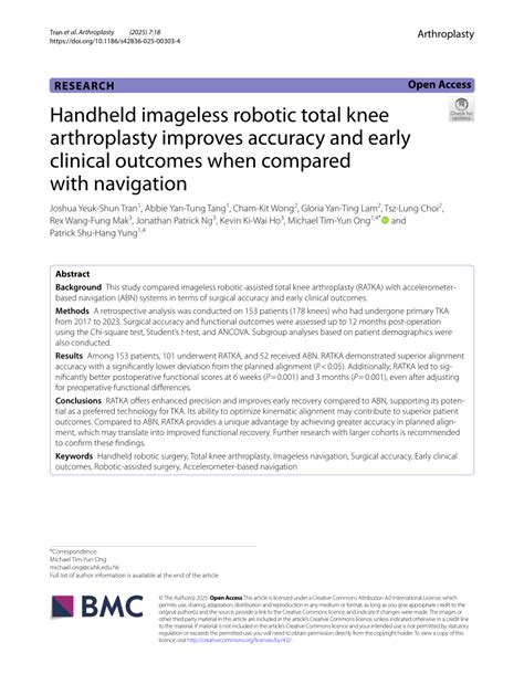 Pdf Handheld Imageless Robotic Total Knee Arthroplasty Improves Accuracy And Early Clinical
