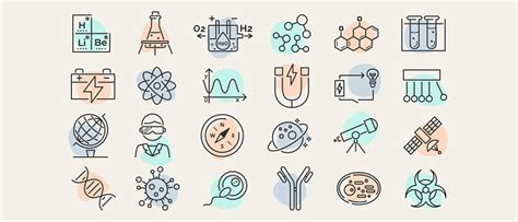 개요 스타일의 과학 아이콘 모음입니다 연구 실험 도구 생물학 및 천문학 기호가 포함됩니다 교육 프로젝트를 위해 편집 가능한 획이 있는 벡터 세트입니다 아이콘에 대한 스톡