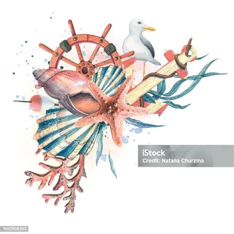 조개 불가사리 산호 스티어링 휠 및 페인트가 튀는 수채화 지점에 구명 부표가있는 해양 구성 바다의 심포니 컬렉션의 일러스트