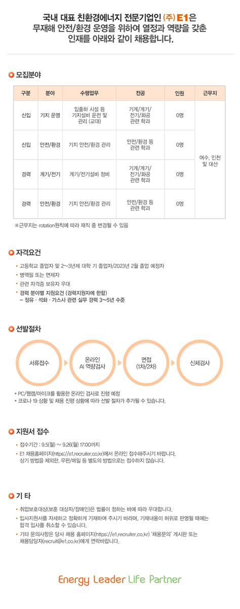 E1 채용공고 신입 기능직 채용 모집 기지운영 안전환경 2022년 채용