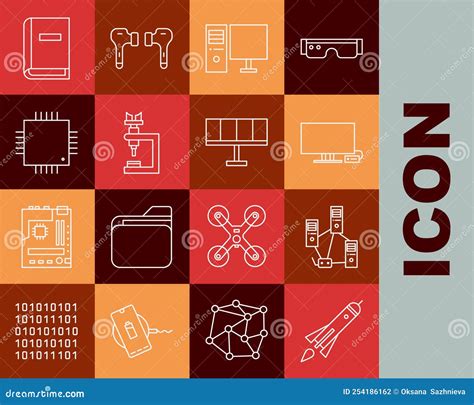 Set Line Rocket Ship With Fire Computer Network Smart Tv Monitor Microscope Processor