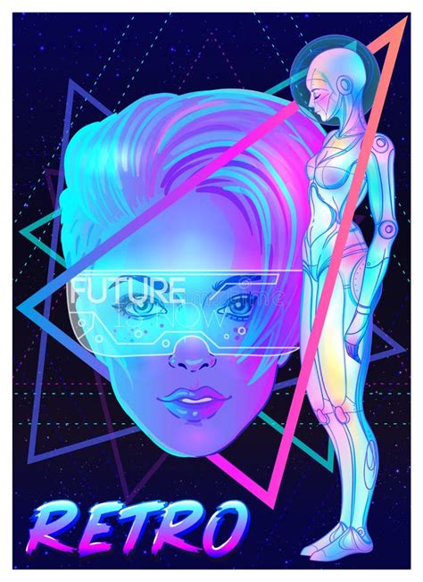 Portrait Of Robot Android Woman In Retro Futurism Style Vector Illustration Stock Vector