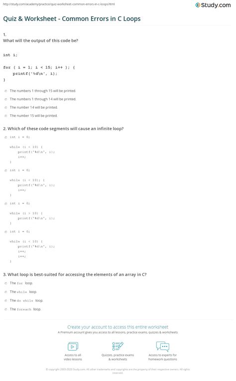 Quiz And Worksheet Common Errors In C Loops