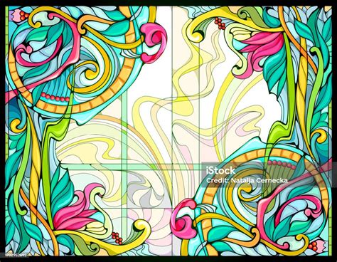 아름 다운 화려한 아르누보 스테인드 글라스 창입니다 독점적인 럭셔리 인테리어를 위한 템플릿입니다 Jugendstil 건축 스타일입니다 벽지 또는 장식용 디자인 서유럽의 건축
