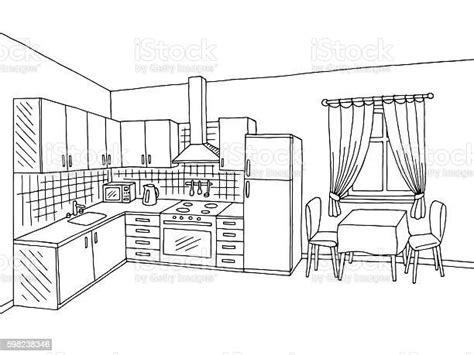 주방 방 인테리어 블랙 화이트 그래픽 아트 스케치 일러스트 벡터 부엌에 대한 스톡 벡터 아트 및 기타 이미지 부엌 스케치 실내 Istock