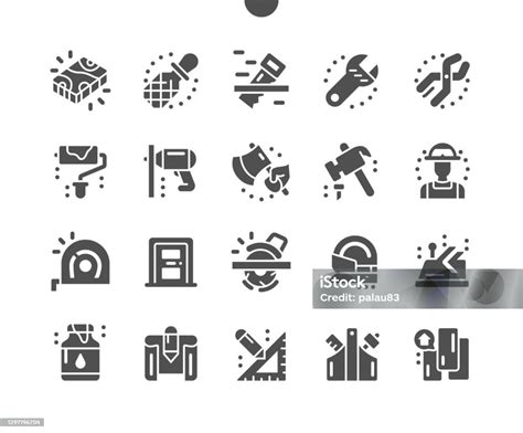 목수 나무 보드와 악기 빌더 장비 저장소 전기 톱 드릴 망치 페인트 롤러 테이프 측정 및 끌 벡터 솔리드 아이콘입니다 간단한 그림 손톱에 대한 스톡 벡터 아트 및 기타