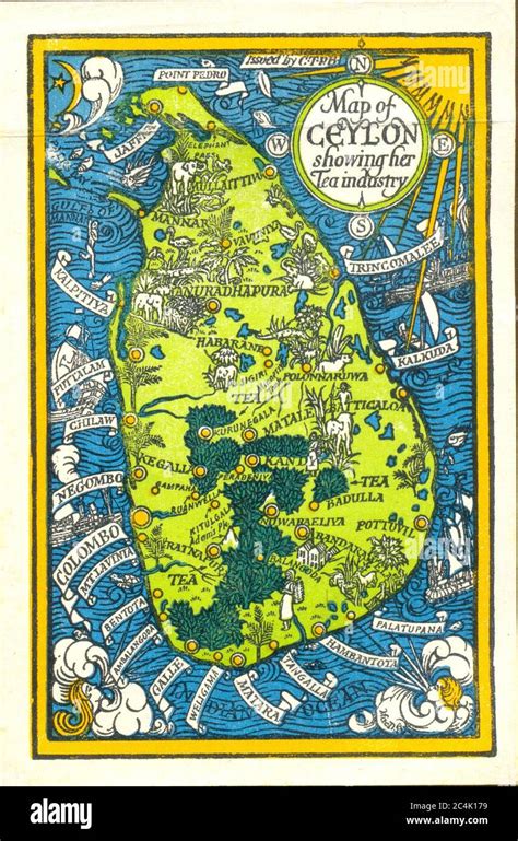 Decorative Pictorial Map Of Ceylon Showing Her Tea Industry By