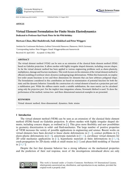 Pdf Virtual Element Formulation For Finite Strain Elastodynamics