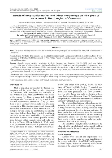 Pdf Effects Of Body Conformation And Udder Morphology On Milk Yield Of Zebu Cows In North