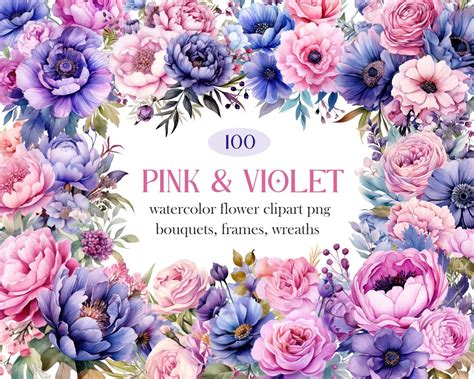 Pink Violet Flower Png Watercolor Floral Clipart Bundle Wedding Bouquet Spring Flower Clipart