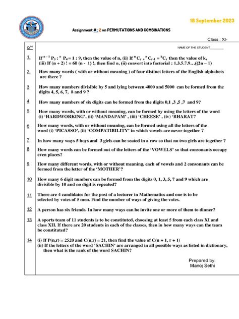 Permutations And Combinations Class Xi Afbbs 18 Sept 2023 Pdf