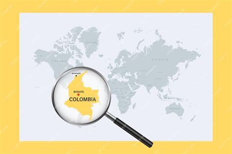 Карта колумбии на политической карте мира с увеличительным стеклом Премиум векторы