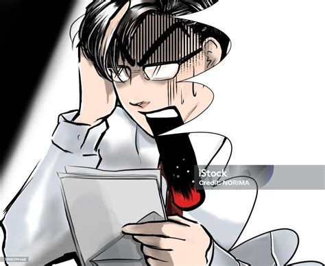 안경을 쓰고 있는 젊은 사무직 근로자의 만화 스타일의 일러스트로 인보이스를 보고 충격을 받고 창백한 모습을 볼 수 있습니다 감상성에 대한 스톡 벡터 아트 및 기타 이미지