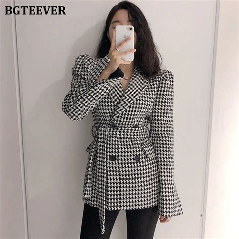 BGTEEVER, винтажный клетчатый шерстяной Блейзер для женщин, длинный ...