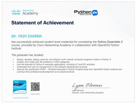 Earned Python Essentials 2 Certification From Cisco Yash Sharma