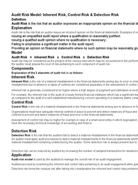 Audit Risk Model Inherent Risk Control Risk And Detection Risk Pdf Financial Audit Audit