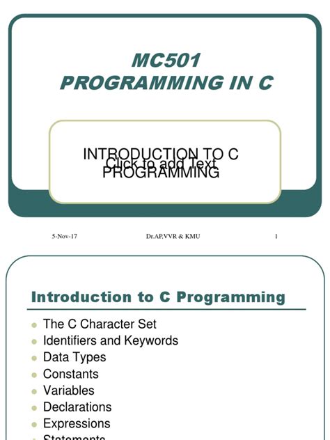 Mc501 Programming In C Click To Add Text Introduction To C Programming