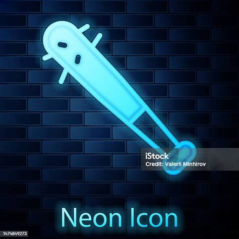 벽돌 벽 배경에 고립 된 손톱 아이콘과 빛나는 네온 야구 방망이 폭력적인 무기 벡터 가공의 인물에 대한 스톡 벡터 아트 및 기타 이미지 가공의 인물 가죽 거친