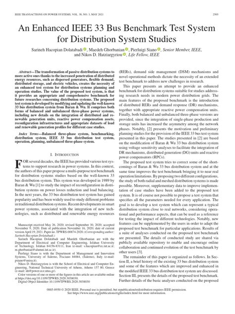 An Enhanced Ieee 33 Bus Benchmark Test System For Distribution System Studies Pdf Electrical