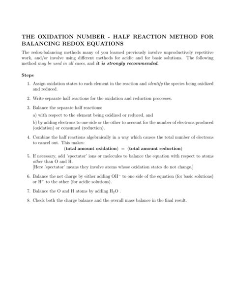 The Oxidation Number Half Reaction Method For