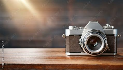 빈티지 카메라와 나무 테이블 오래된 필름 카메라가 질감이 살아 있는 나무 테이블 위에 놓여 있는 모습 фотография Stock Adobe Stock