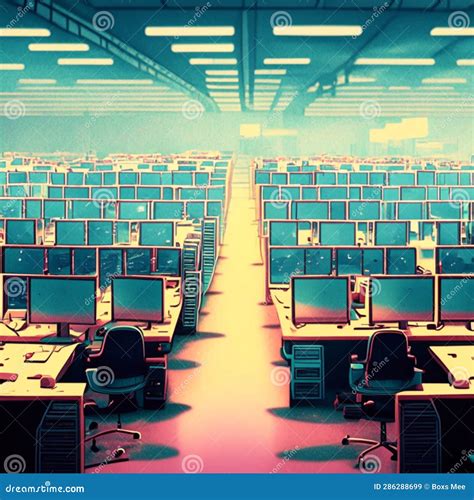 computer room with rows of computer monitors 3d render illustration stock illustration