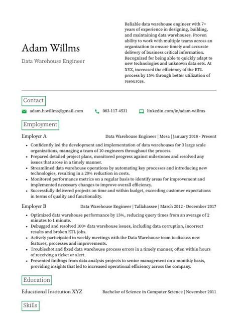 Data Warehouse Engineer Resume Cv Example And Writing Guide