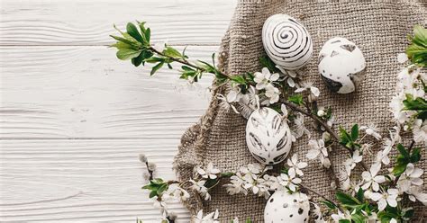 세련된 부활절 플랫은 봄 꽃이 있는 소박한 나무 배경에 검은색과 흰색으로 칠해진 계란으로 누워 있습니다 행복한 부활절 인사말 카드 텍스트 공간 현대 부활절 달걀 사진